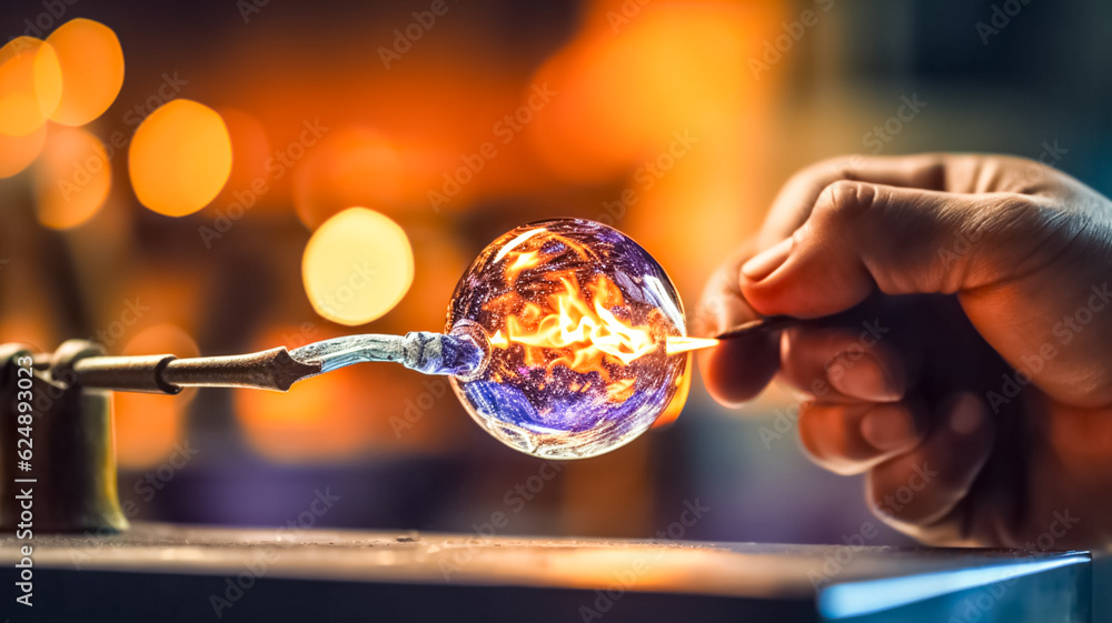 Process of creating glass products. A glass crafter is burning and ...
