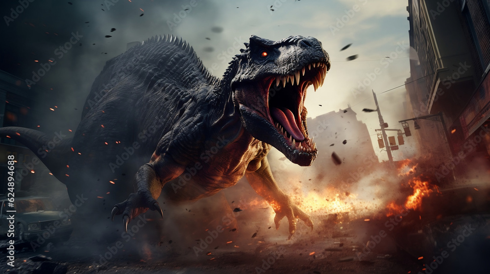 Tyrannosaurus Rex dinosaur. Destruction of city street. Dangerous ...