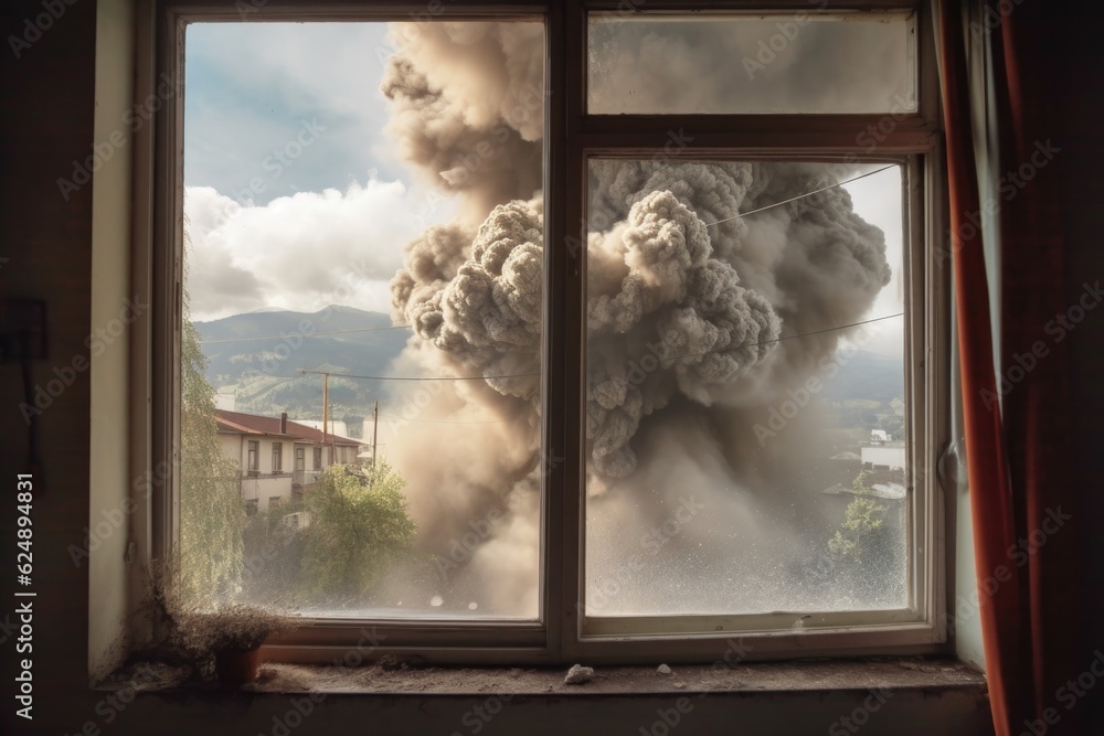 smoke and ash spewing from a window during a dramatic volcanic eruption ...