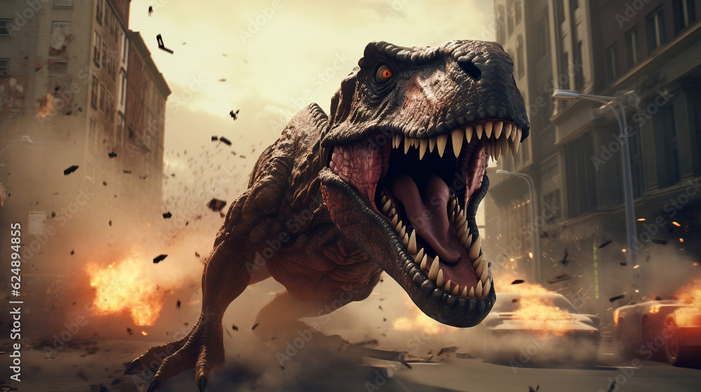 Tyrannosaurus Rex dinosaur. Destruction of city street. Dangerous ...