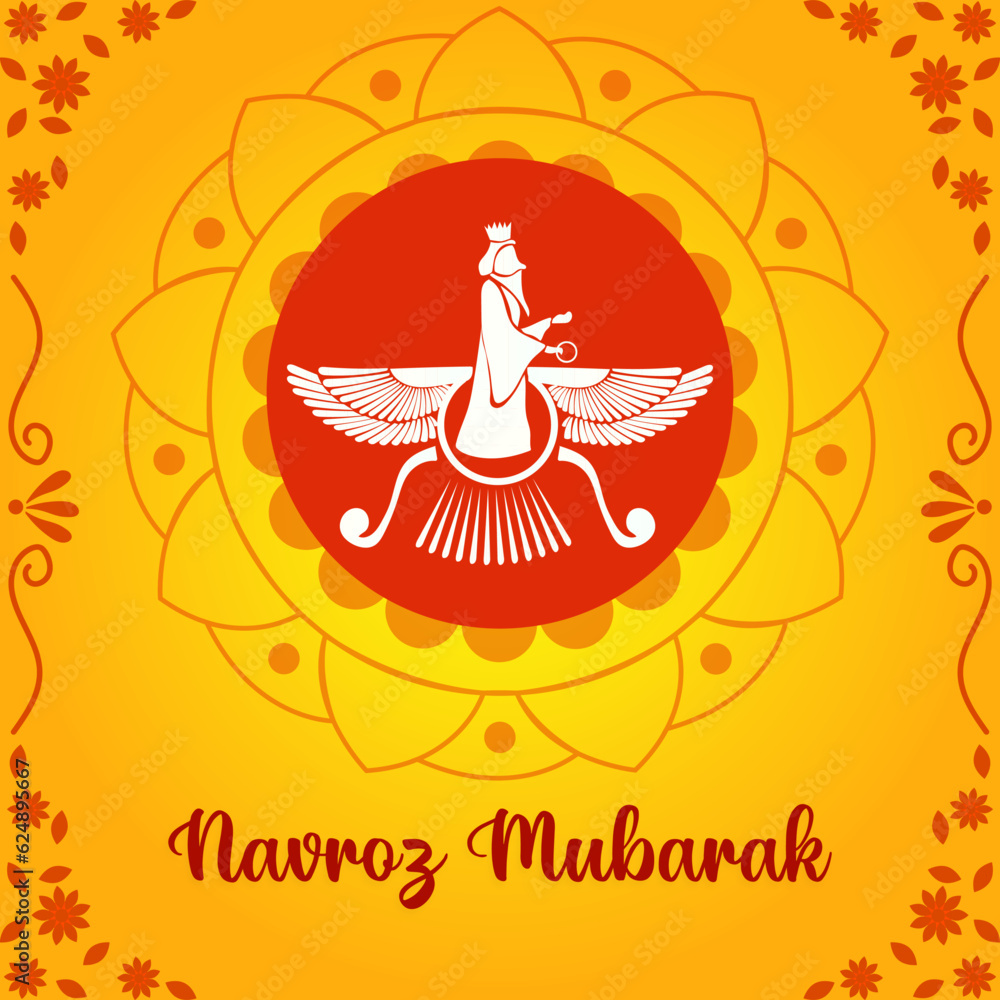 Navroz mubarak. Parsi New Year vector greeting with zoroastrian symbol ...