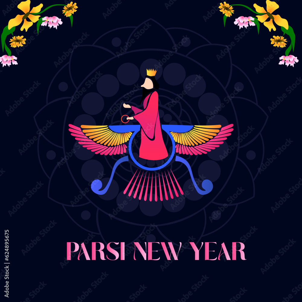 Navroz mubarak. Parsi New Year vector greeting with zoroastrian symbol ...