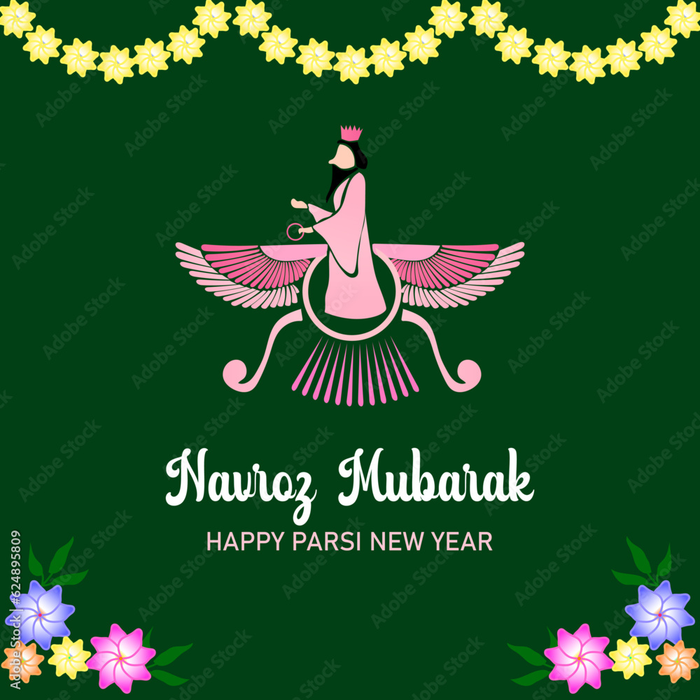 Navroz mubarak. Parsi New Year vector greeting with zoroastrian symbol ...
