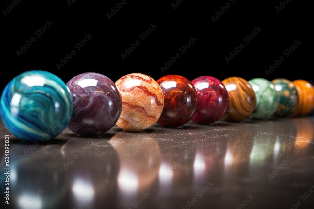 marbles lined up in a row, showing various patterns, created with ...