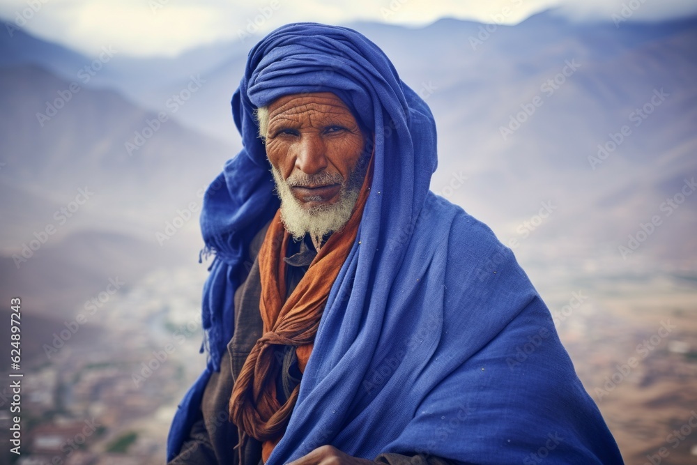 Adult Tuareg man in authentic national blue clothes. Background with ...