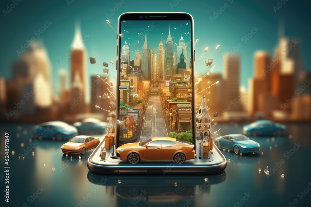 Virtual city in smartphone screen. Augmented reality cityscape. Using ...