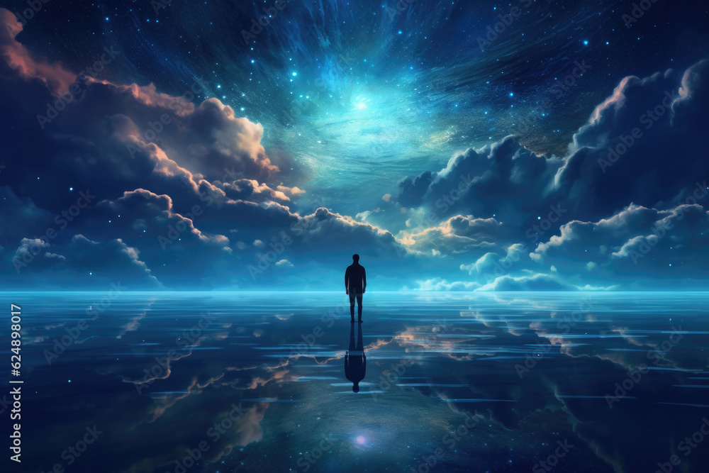 Silhouette of alone person looking at heaven. Lonely man standing in ...