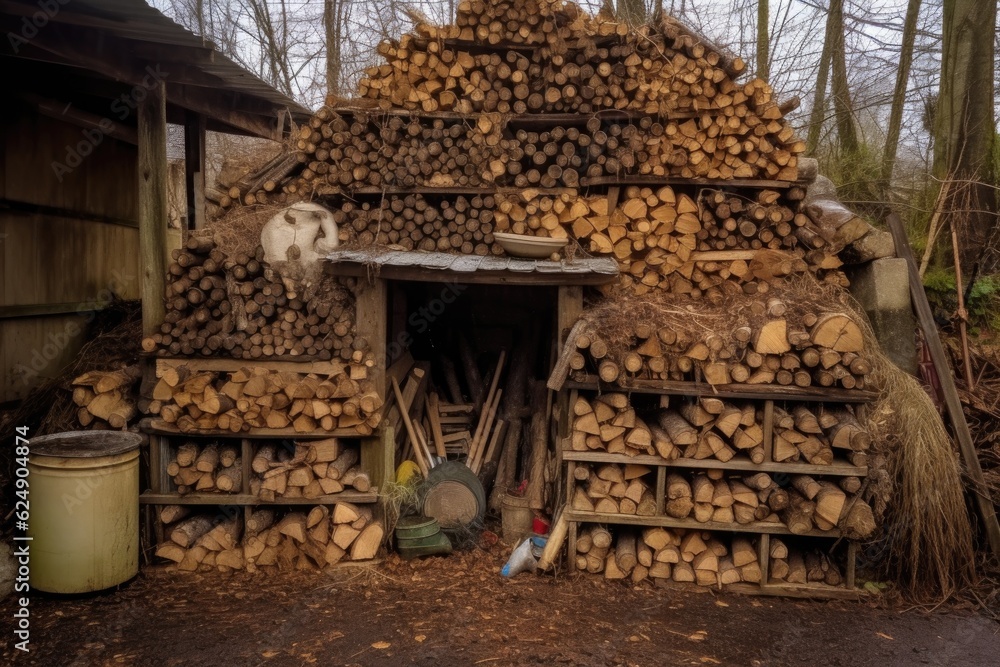 woodpile with signs of beetle infestation, created with generative ai ...
