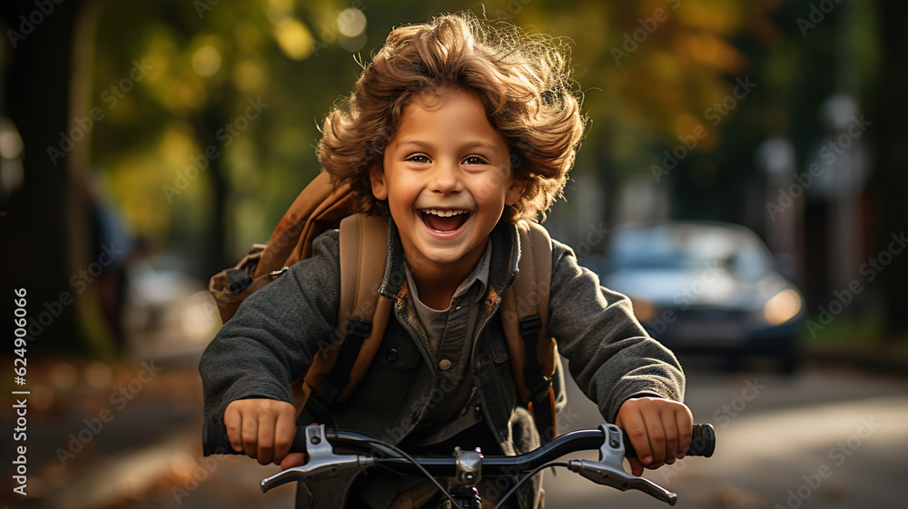 Joyful School Children Boy Cycling in School Uniform, Safely Commuting ...