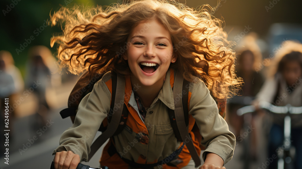 Joyful School Children Girl Cycling in School Uniform, Safely Commuting ...