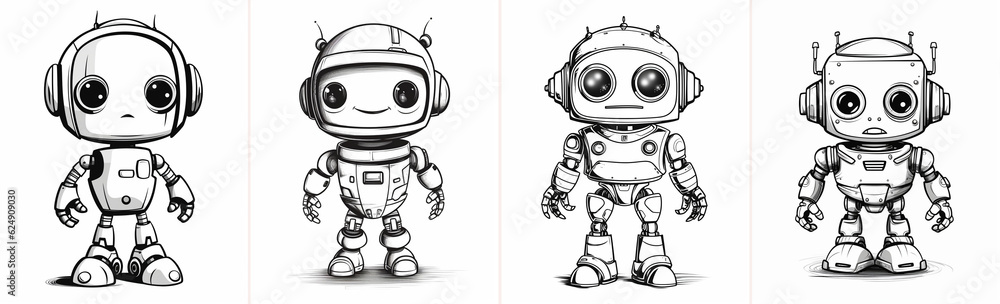 Coloring book featuring a cute little robot. Simple line art without ...