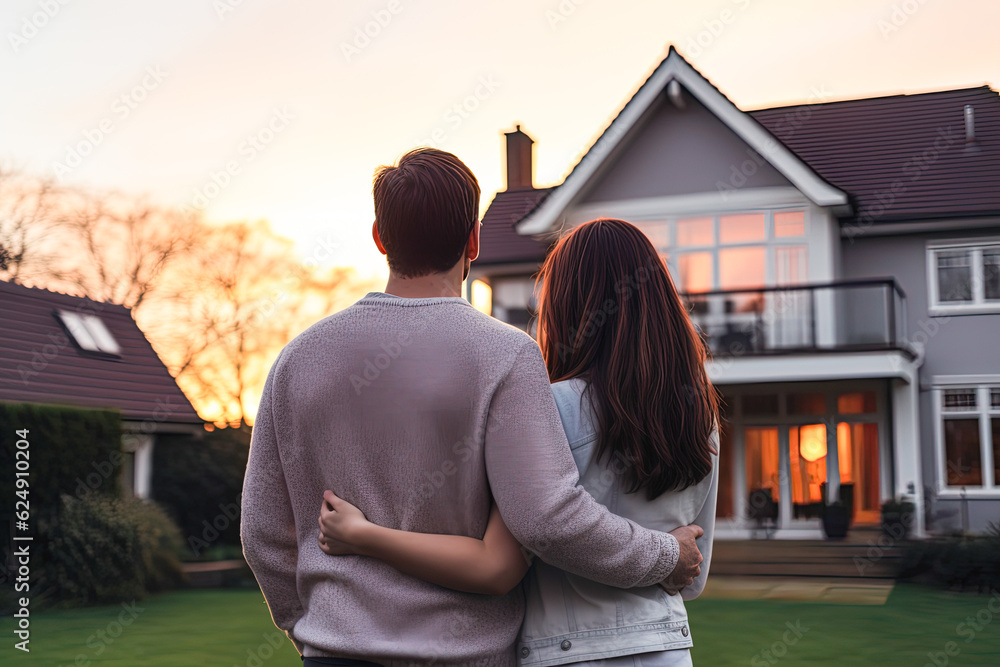Couple embracing in front of their new big modern house, rear view ...
