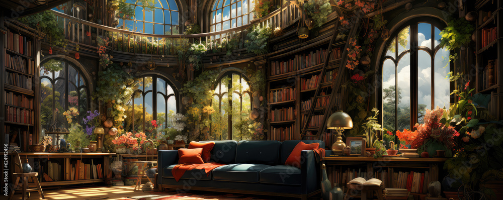 reading room with bookshelf anime style drawing, background wallpaper ...