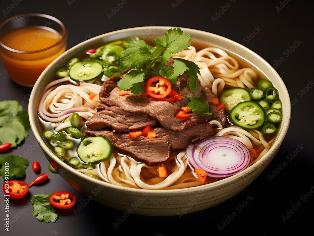 Pho Noodles Menu. Vietnamese noodle bowl with beef, Top view pho ...