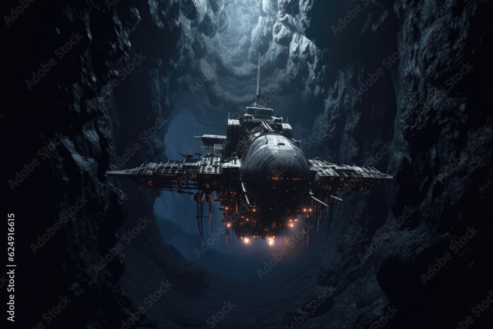mysterious abandoned spacecraft drifting in the dark void, created with ...