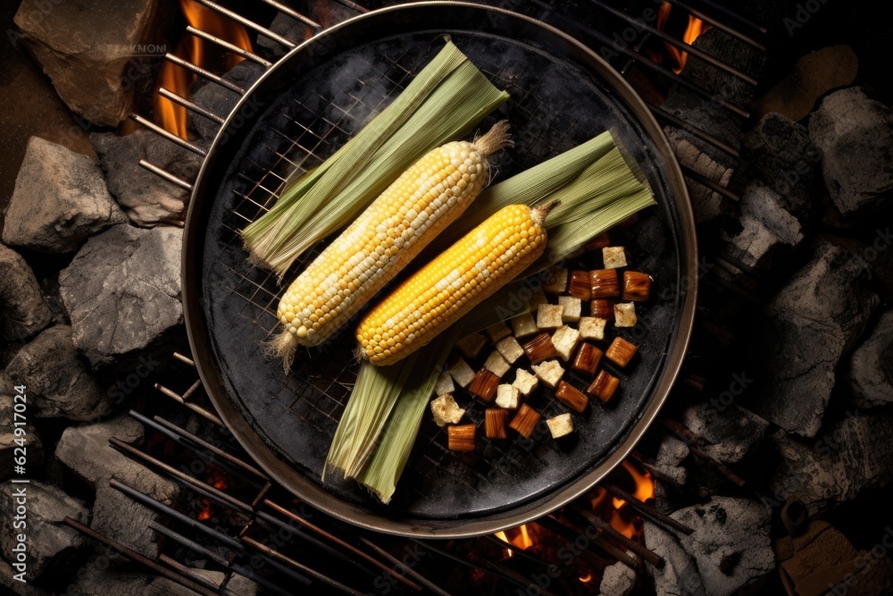 overhead view of corn on the cob roasting on campfire grate, created ...