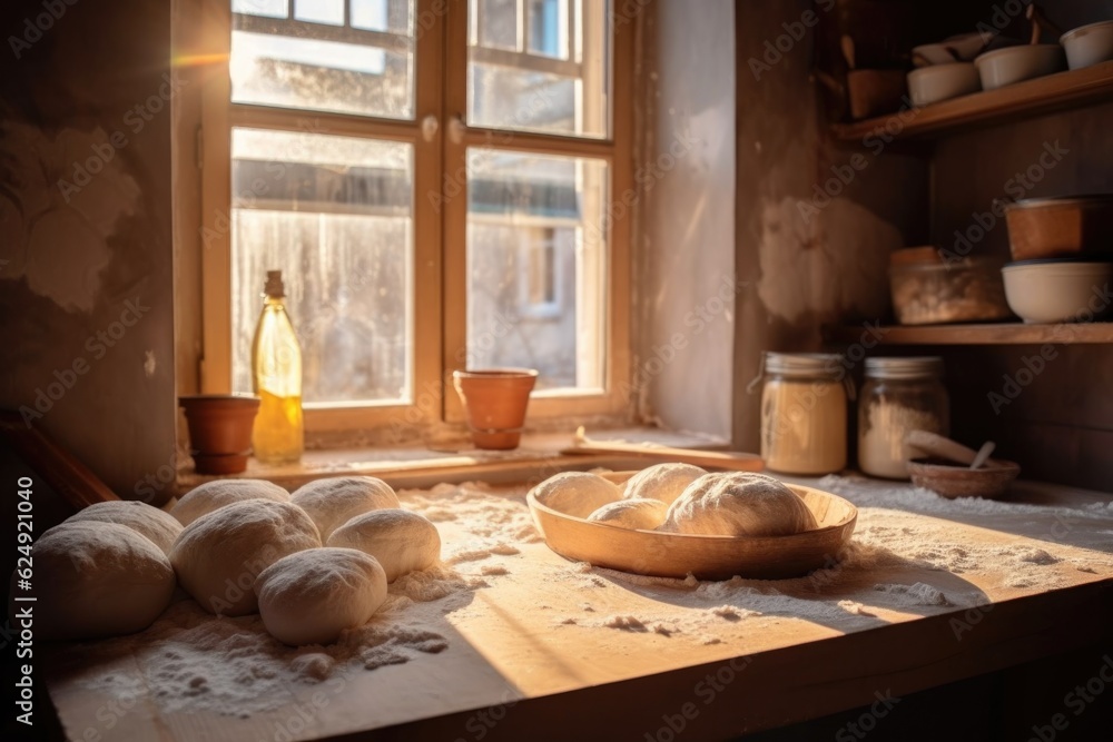 bread dough rising near a window with sunlight, created with generative ...