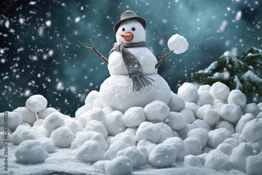 snowman with snowball pile ready for a snowball fight, created with ...