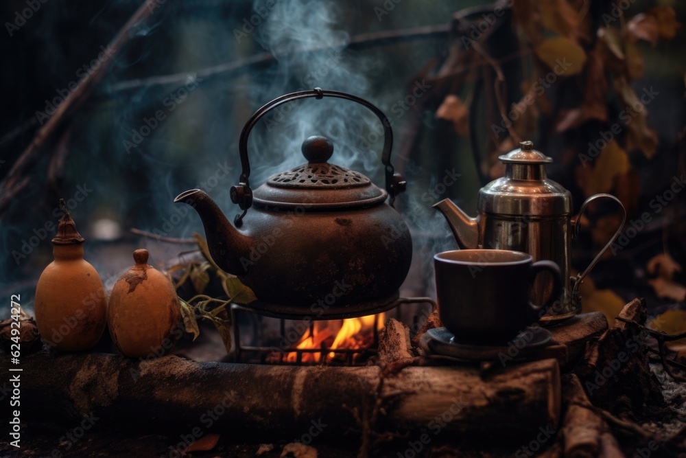 brewing chai tea in a vintage teapot over open campfire flames, created ...