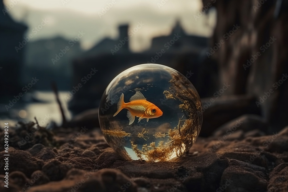 Small golden fish in a bubble surrounded by ruined nature. Ecology and ...