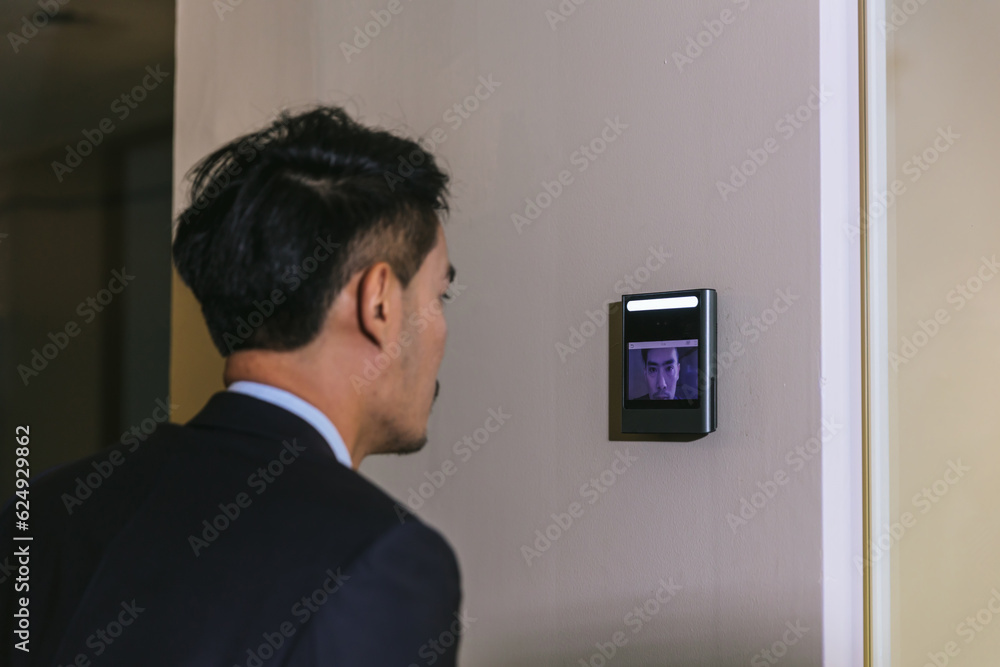 Man Using Face Scanner To Unlock Door In Office Building Access Control Facial Recognition
