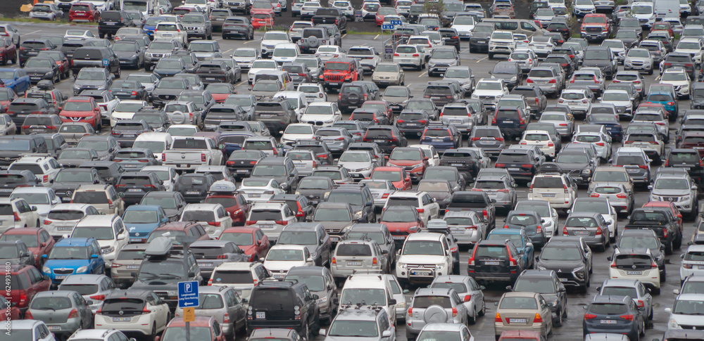 Rows of busy cars corporate parking lots in shopping malls in urban ...