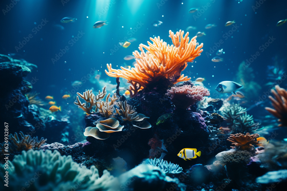 Underwater world with corals turtle fishes ocean inside. coral reef ...