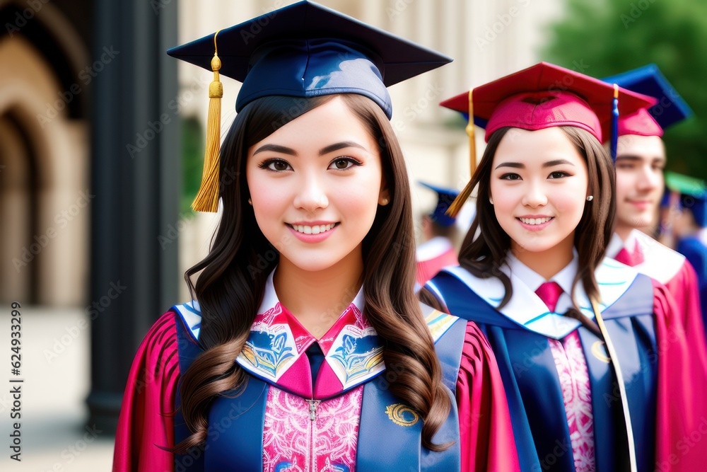 Institute graduates in festive uniforms, in square hats and robes ...
