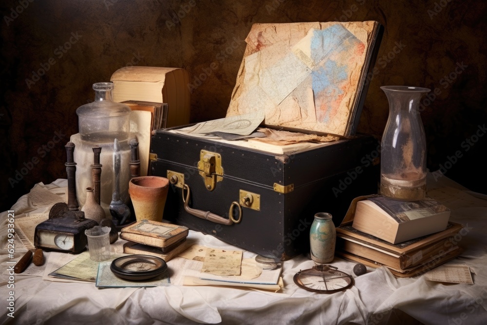 time capsule opening with aged documents inside, created with ...