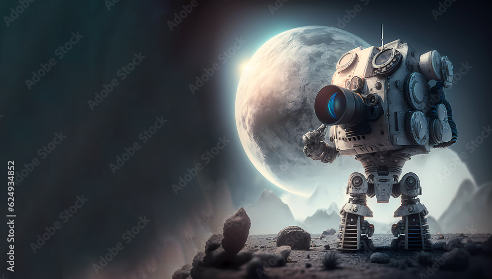 a humanoid robot takes a photo of the moon on a blurry moon. Banner ...