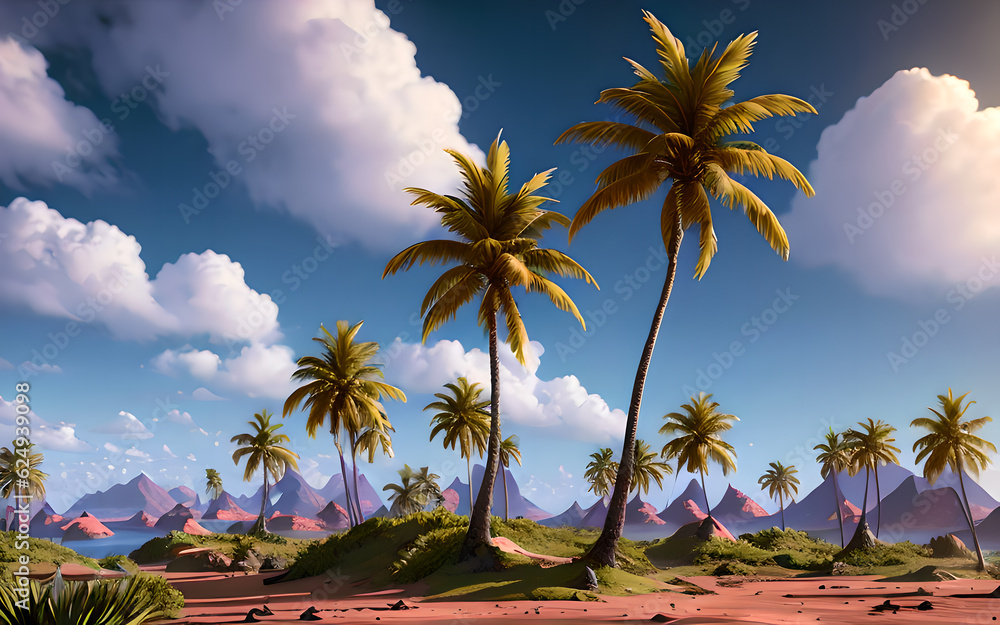 Fantasy.Painting of a beach with palm trees and sky in the background ...