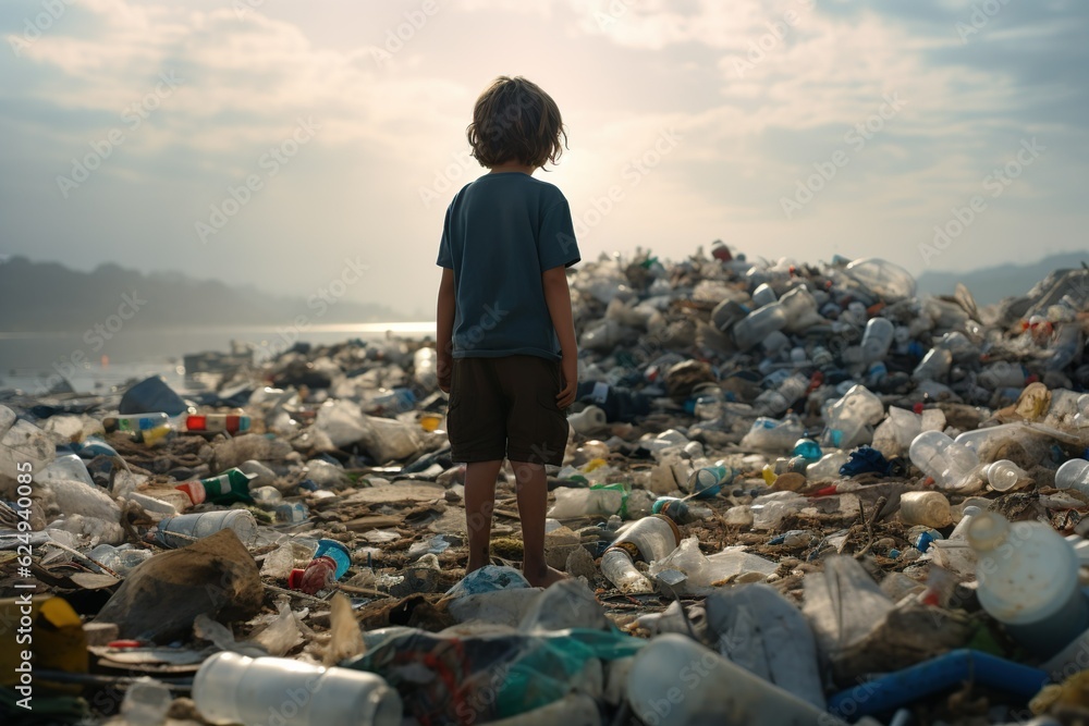 sad kid stand looking at a lot of plastic wastes in, environmental ...