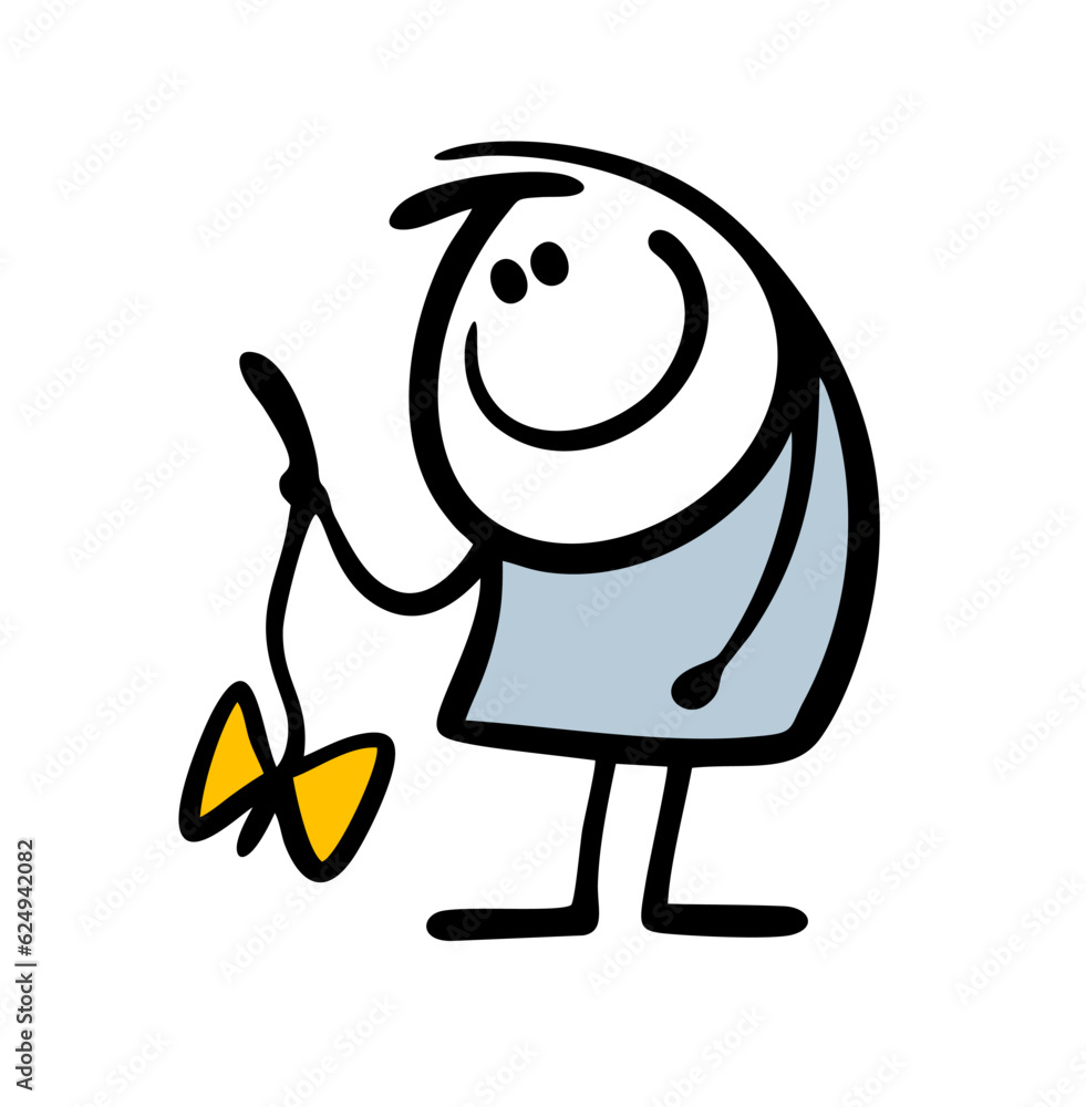 Cartoon stickman holds a rope with a bow in his hand, a toy for a pet ...