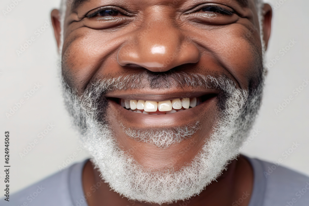 perfect white teeth close up elderly African American black bearded man ...