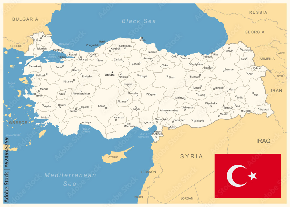 Turkey - detailed map with administrative divisions and country flag ...