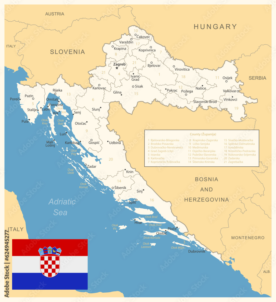 Croatia - detailed map with administrative divisions and country flag ...