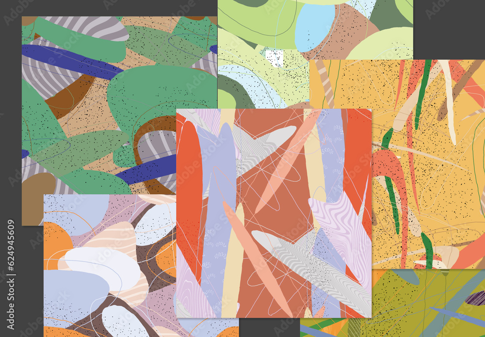 Seamless Pattern Set with Organic Grunge Textured Overlapping Oval Wavy ...