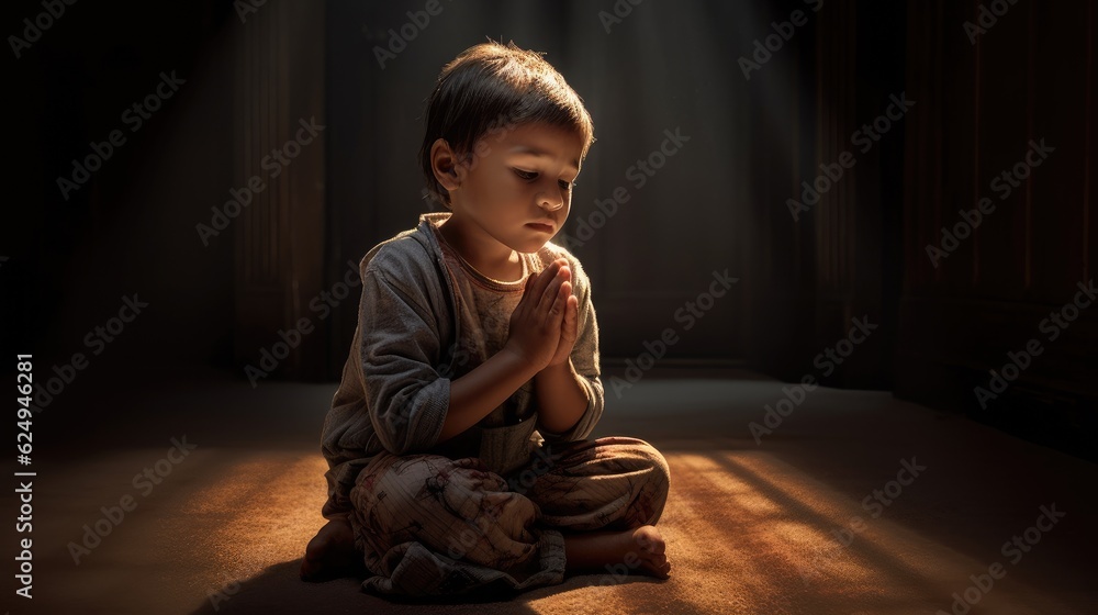 Child kneeling in prayer to god. Created with Generative AI. Stock ...