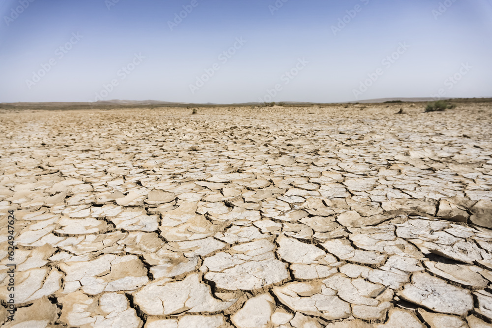 Cracked and dried soil on the surface of a salt marsh in the desert in ...