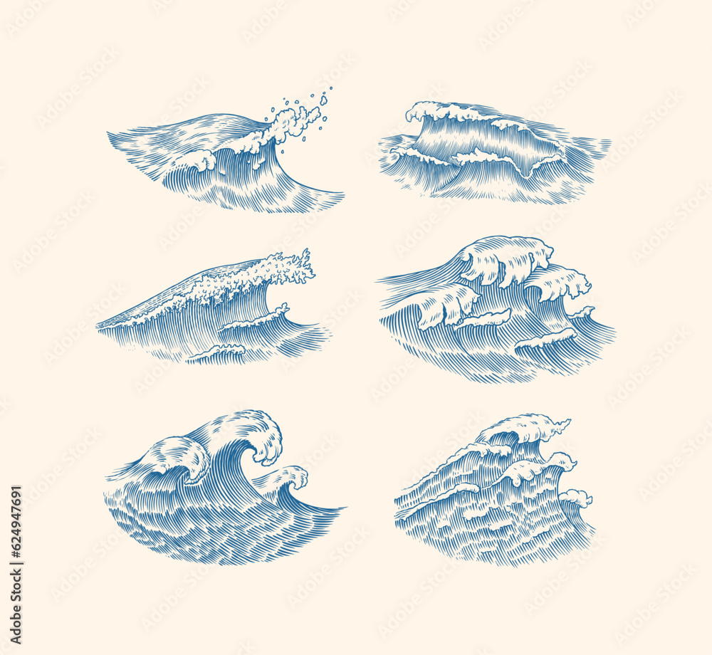 Atlantic tidal waves. Vintage old engraved hand drawn labels. Marine ...