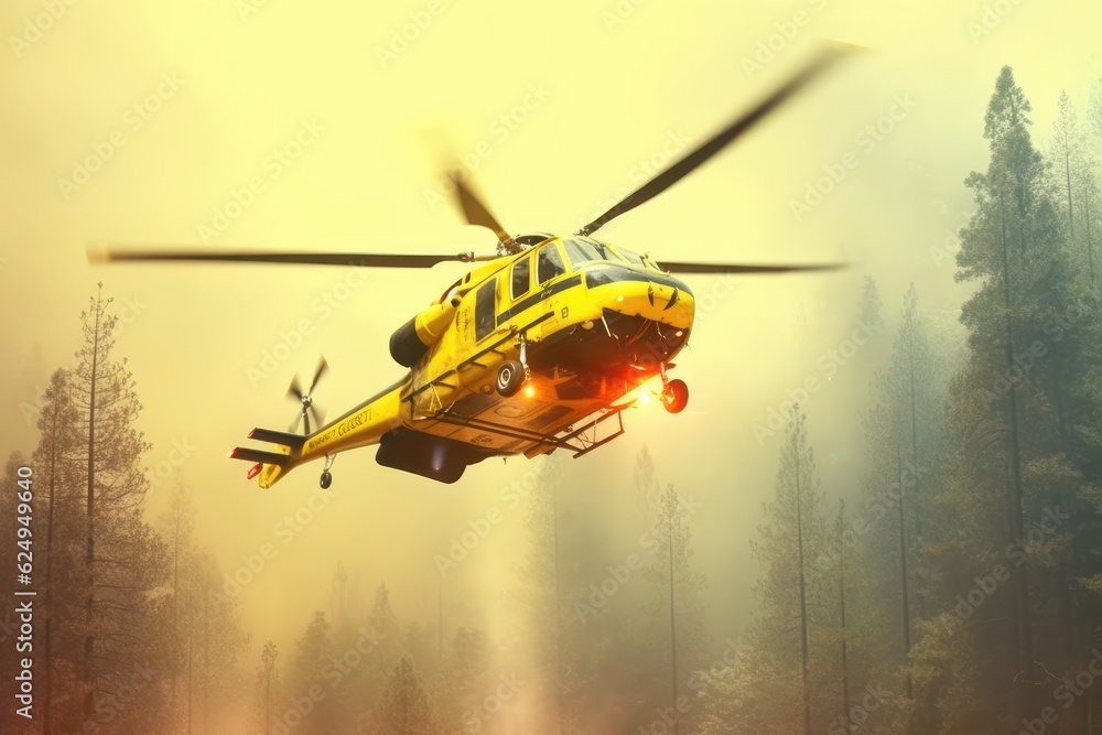 A rescue helicopter extinguishes a forest fire by dropping a large ...