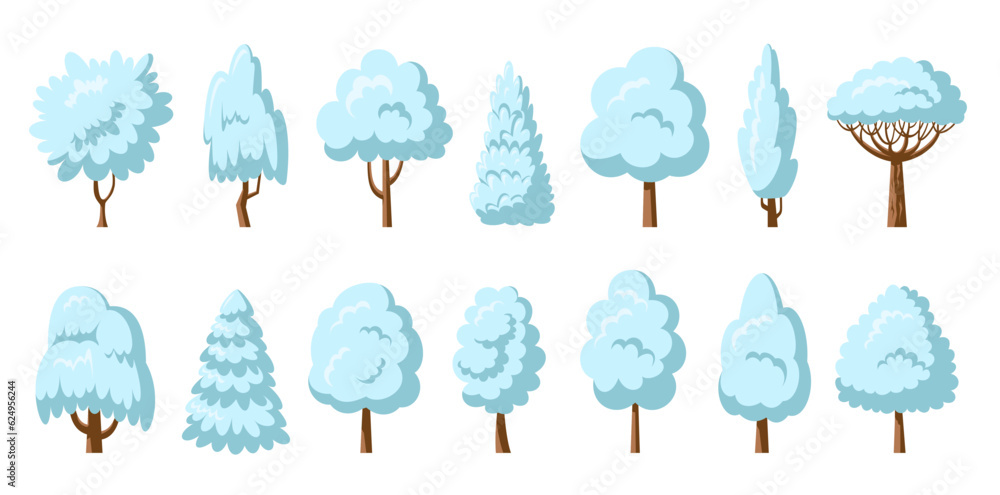 Winter tree icon set. Snowy white plants side view. Arboretum willow ...