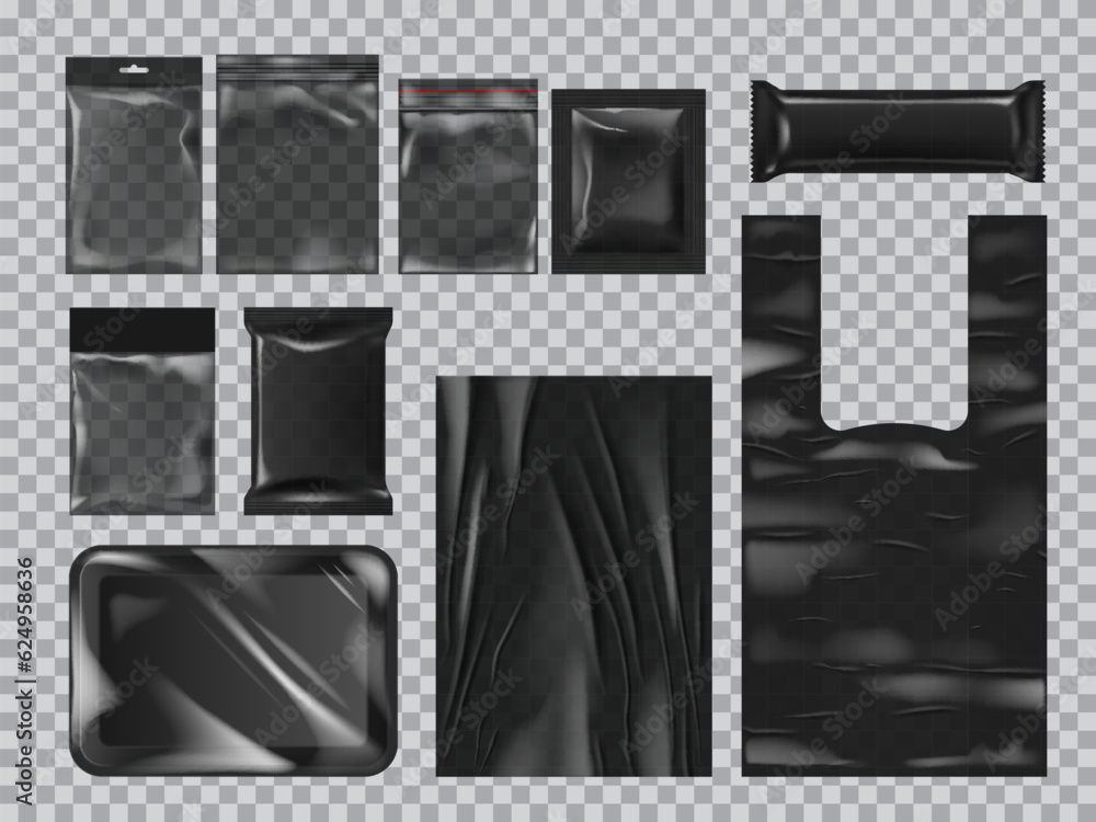 Black plastic packs and bags realistic packages mockup. Food products ...