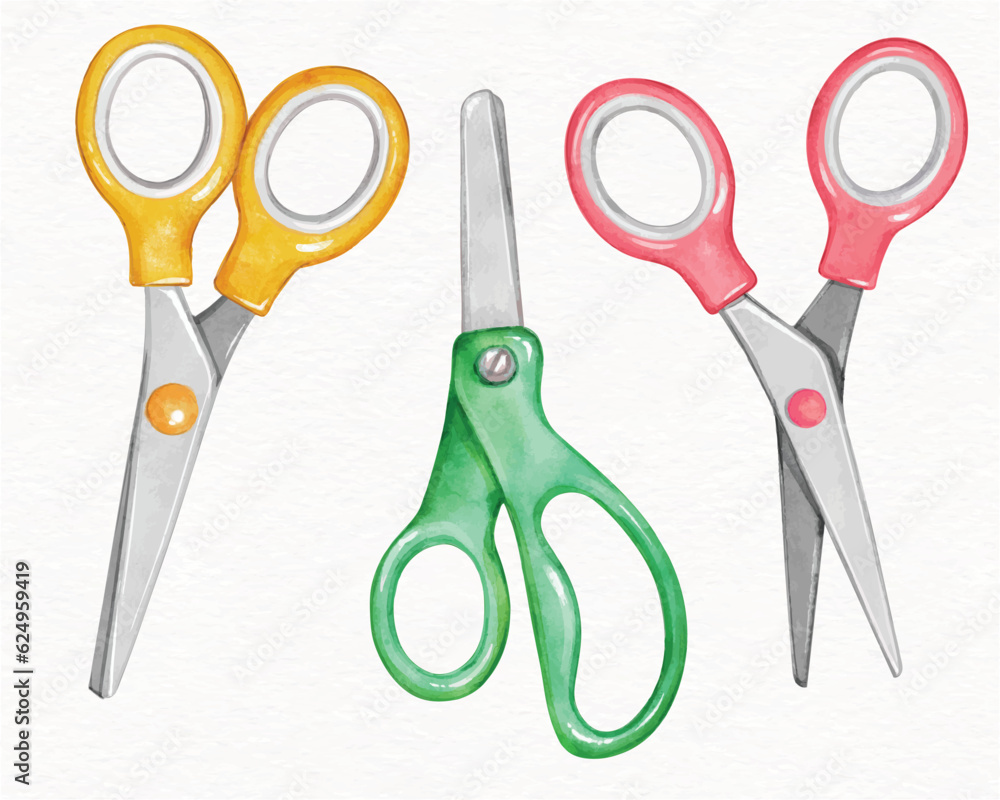 Scissors set watercolor drawing vector illustration isolated on white ...