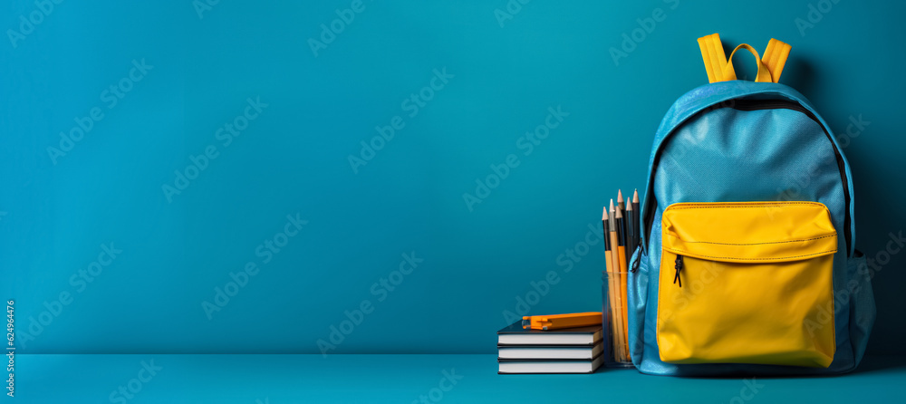 Full school backpack with books isolated on blue background with copy ...