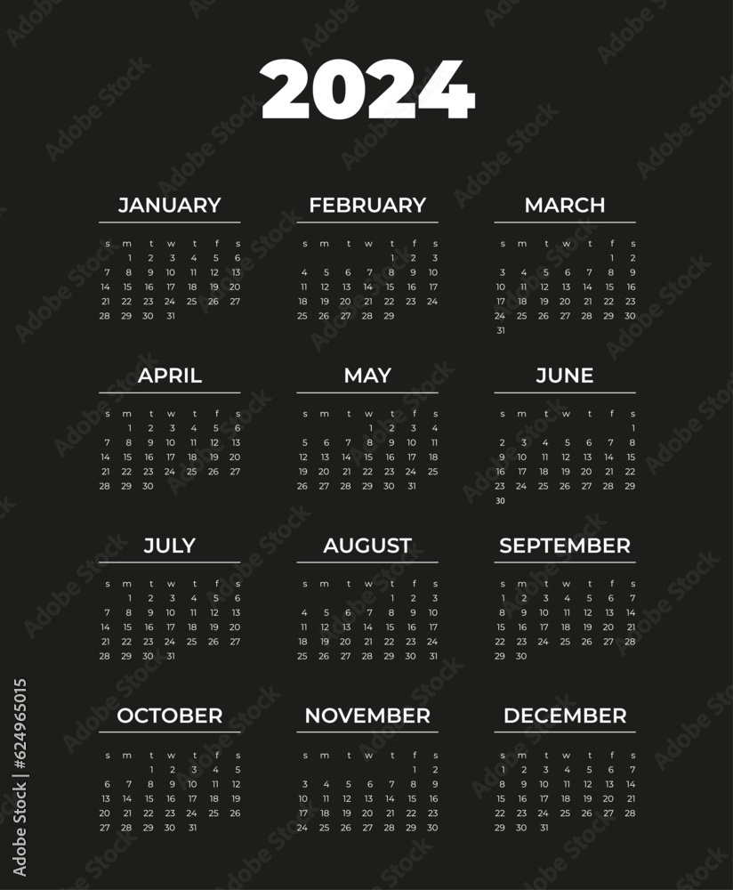 Calendar 2024, week starts from Sunday, on black background white text ...
