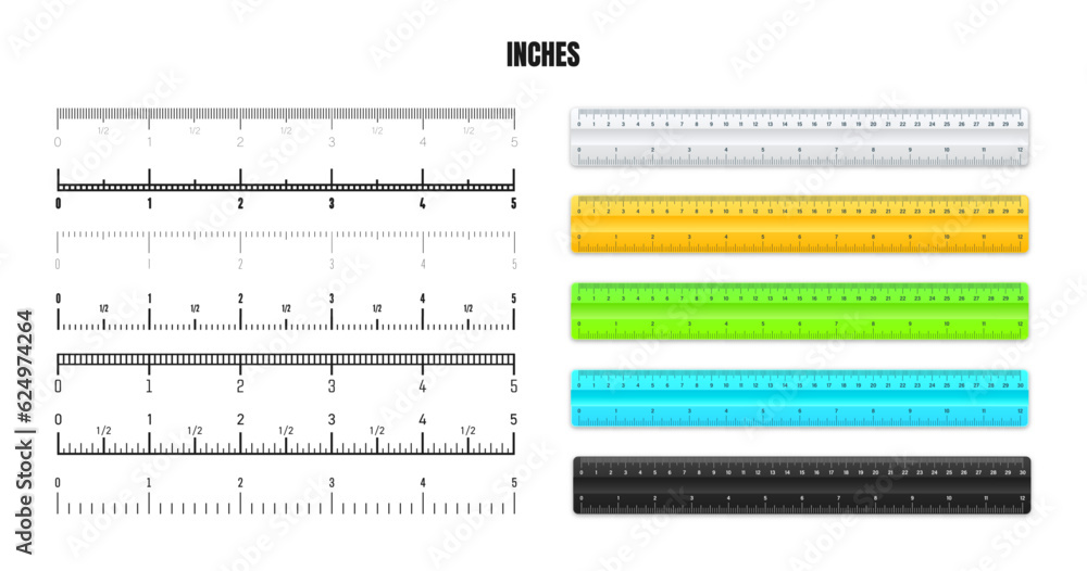 Realistic plastic rulers with black inch scale for measuring length or ...