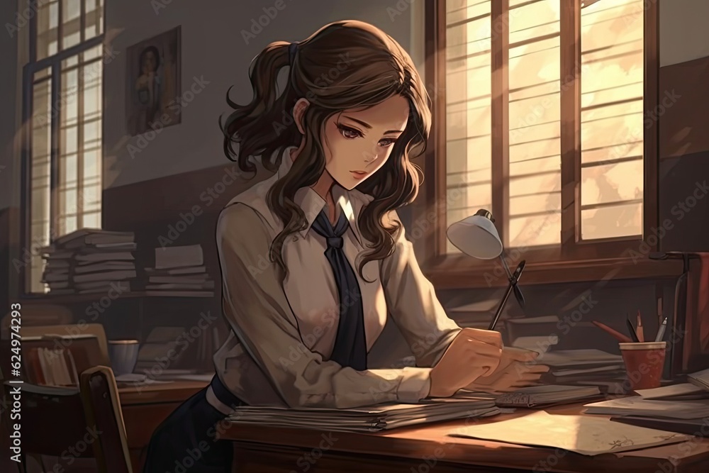 brunette anime teacher woman in classroom illustration, generative ai ...
