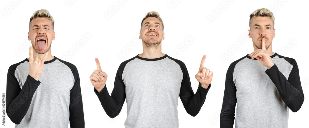 Set collage of man poses doing facial gestures. Heavy metal face ...