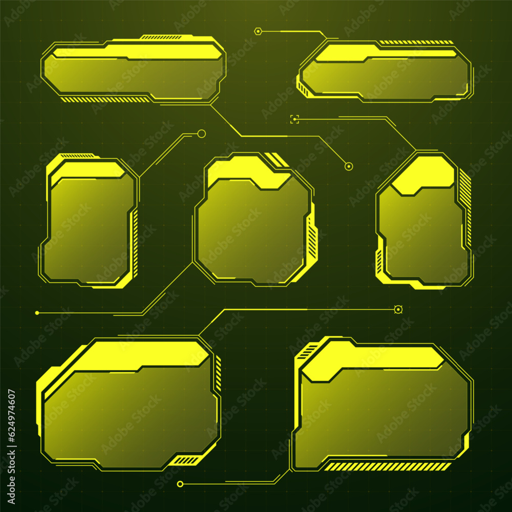 Yellow futuristic HUD, UI elements. Sci-fi user interface text boxes, callouts. Warning message ...